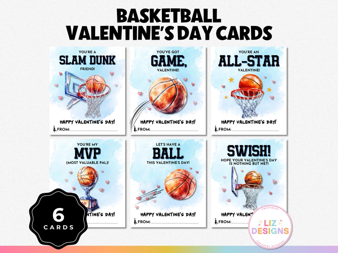 6 Cute Basketball Valentine's Day Cards, Printable Kids Valentine Cards ...
