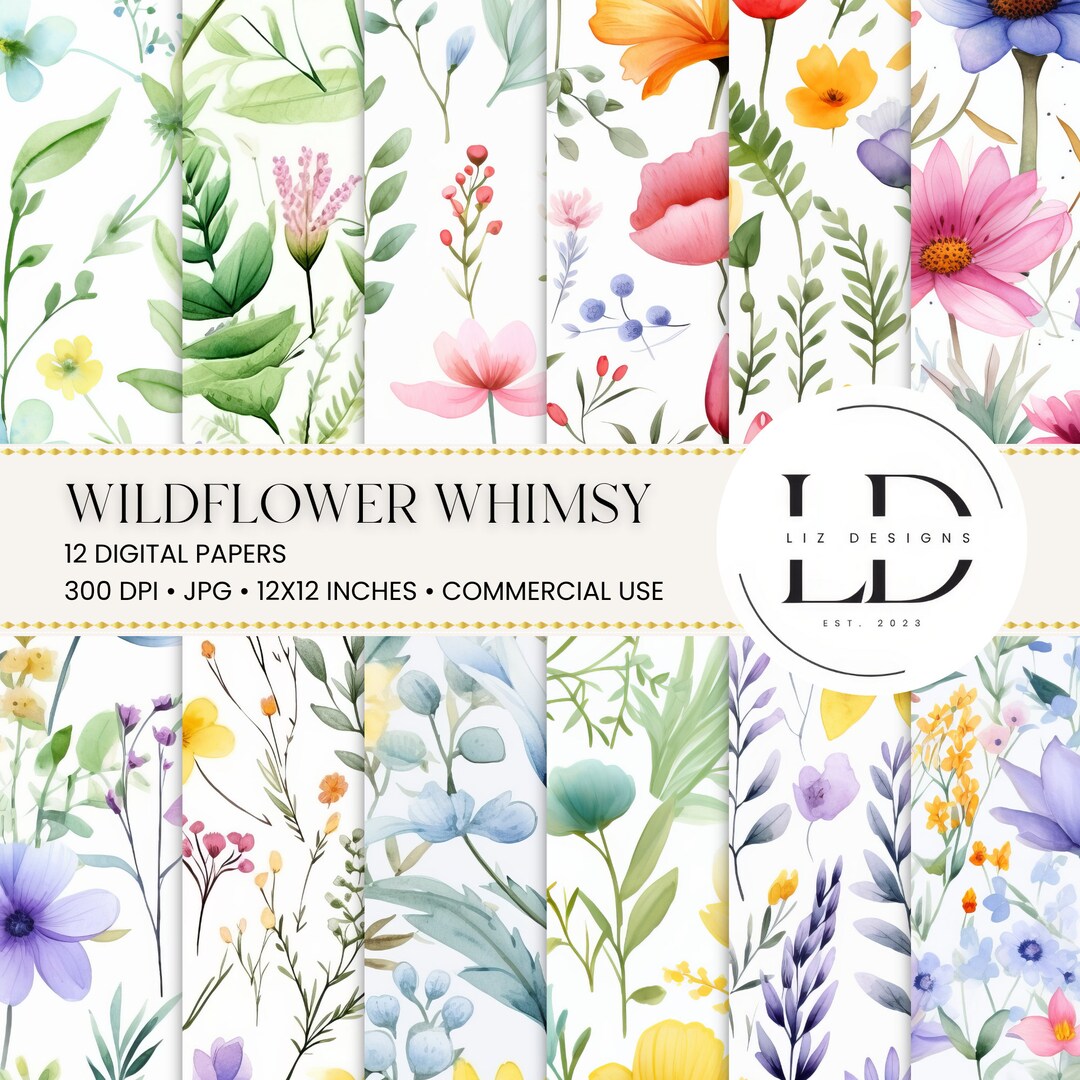 Wildflowers Printable Digital Papers, Watercolor Wildflowers Junk ...