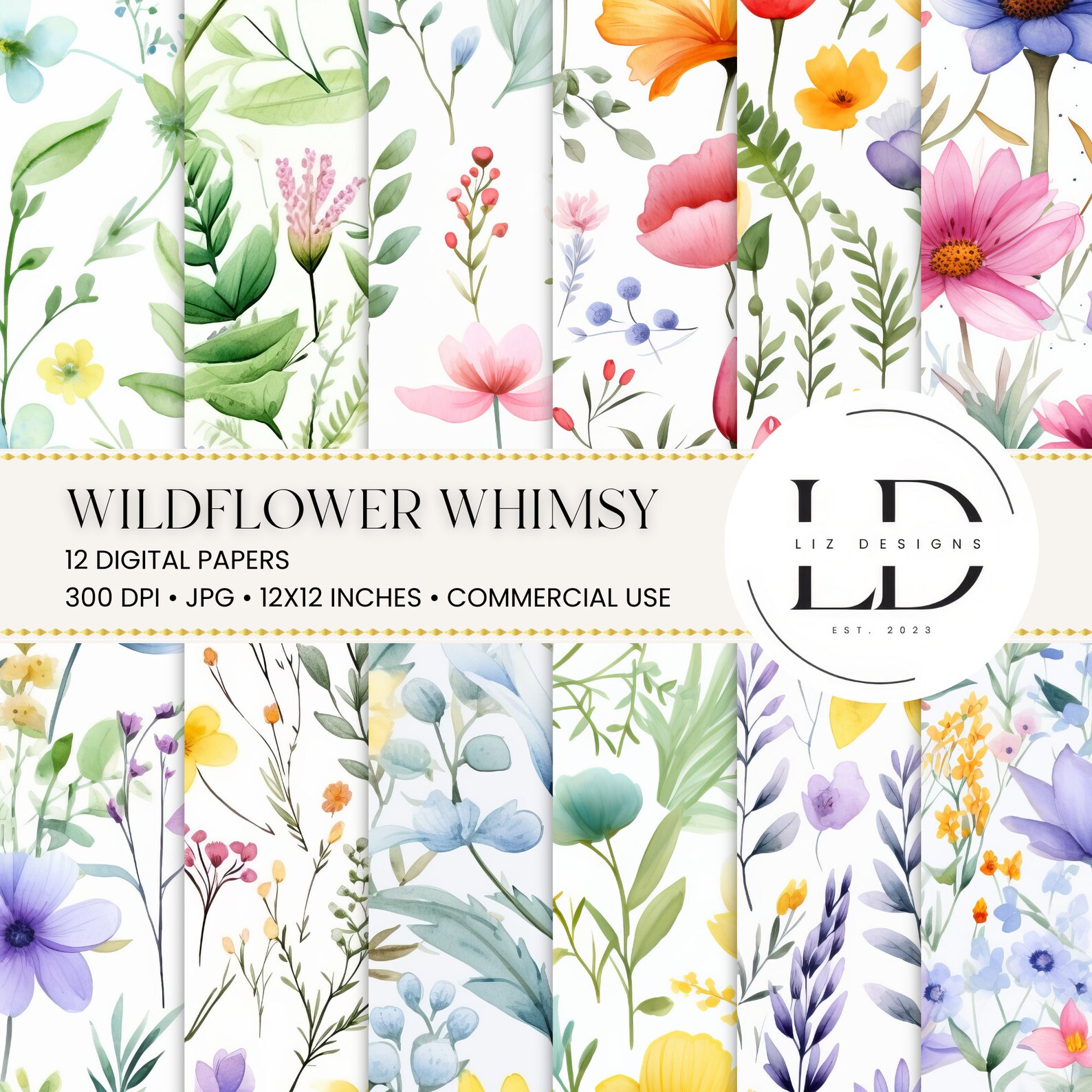 Wildflowers Printable Digital Papers, Watercolor Wildflowers Junk ...