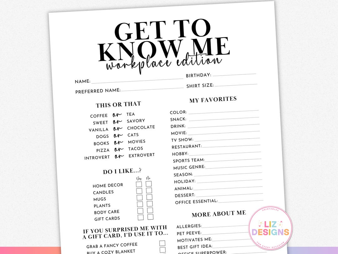 Team Building Get to Know Your Staff Questionnaire Printable, Employee ...
