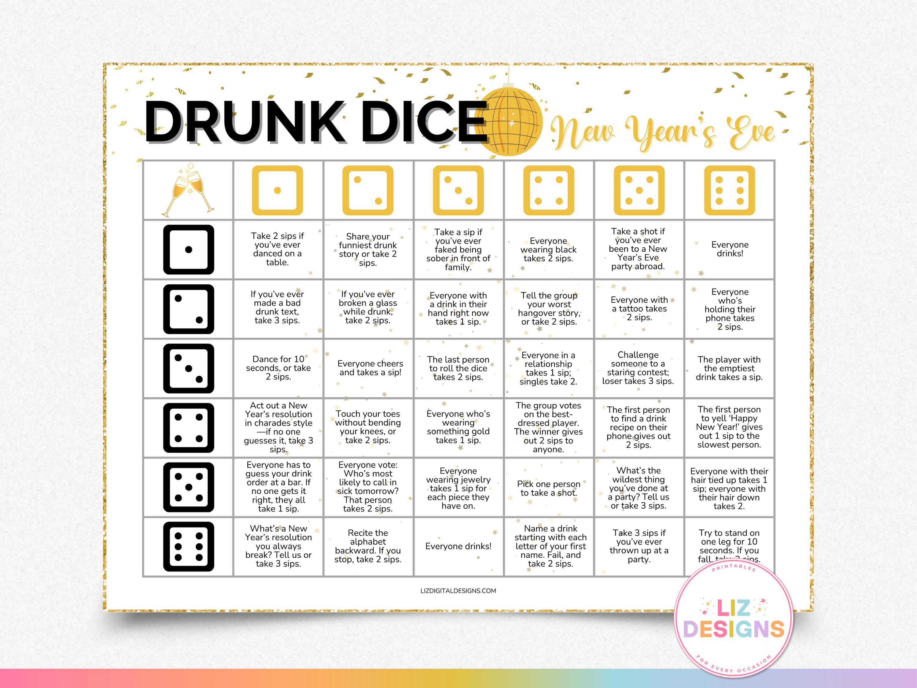New Years Eve Drinking Game, Printable Drunk Dice Game for NYE Party ...