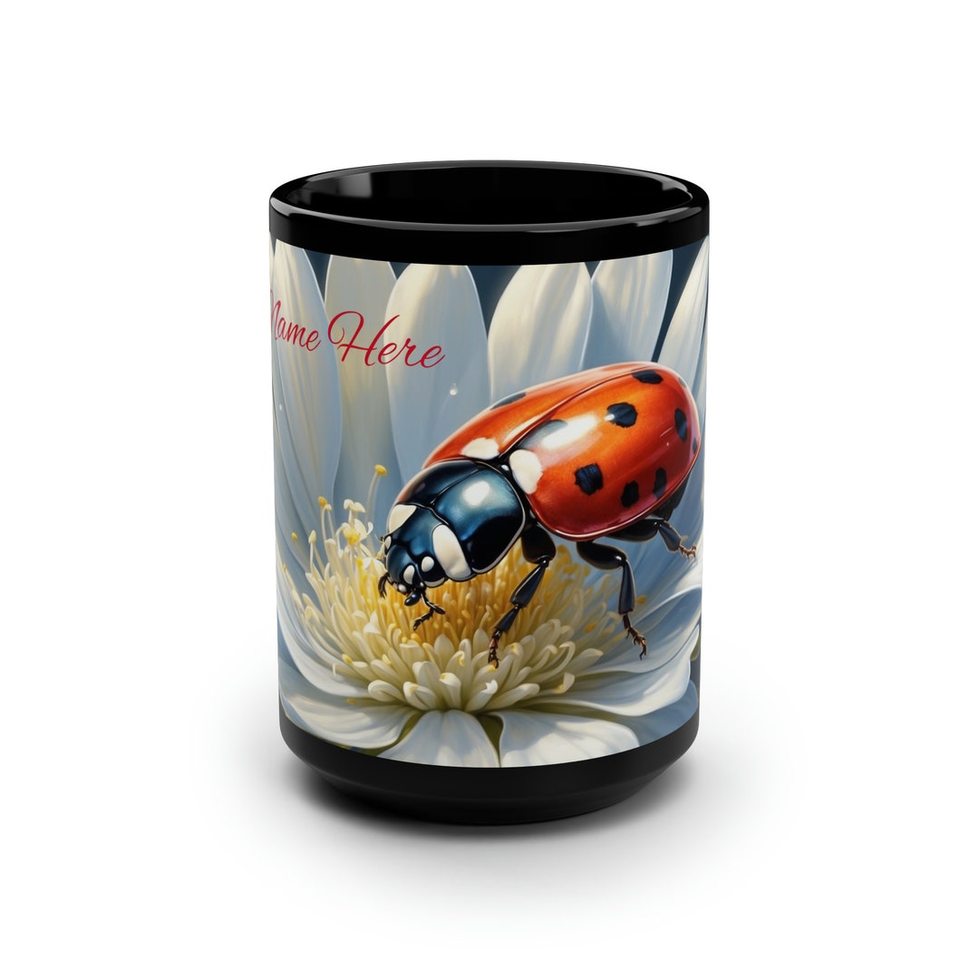 Personalized Ladybug on White Flower Black Mug - Etsy
