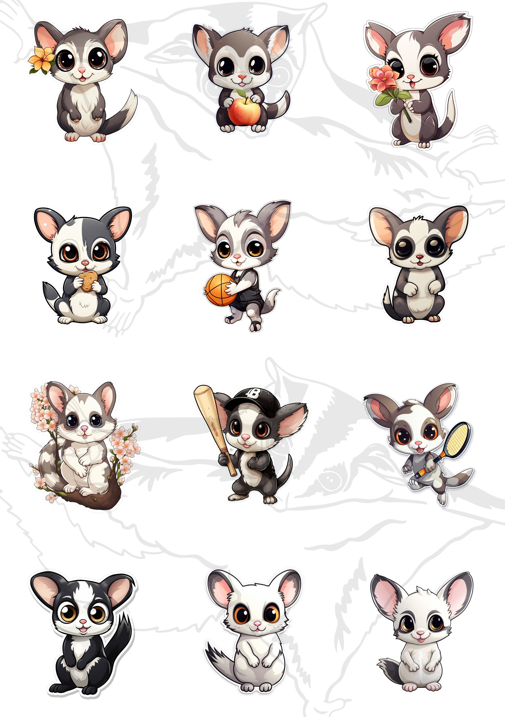 Sugar Glider Sticker Sheet, Digital, Cute Cartoon Sugar Gliders ...