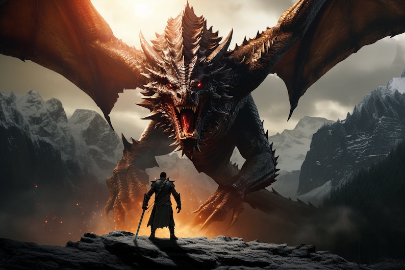 Skyrim Dragonborn Vs Alduin Fantasy Style Art (digital Art) - Etsy