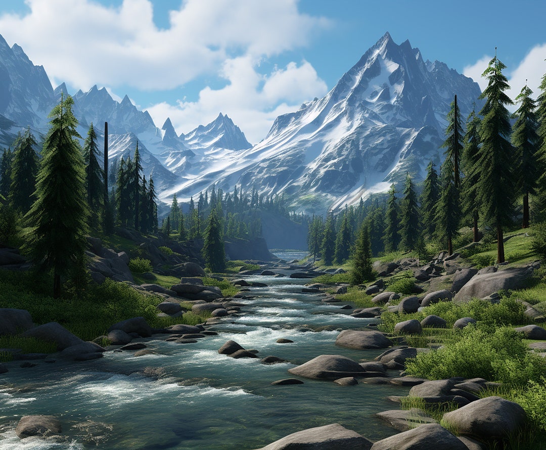 Skyrim River Creek Forrest Mountain Nature digital Art - Etsy