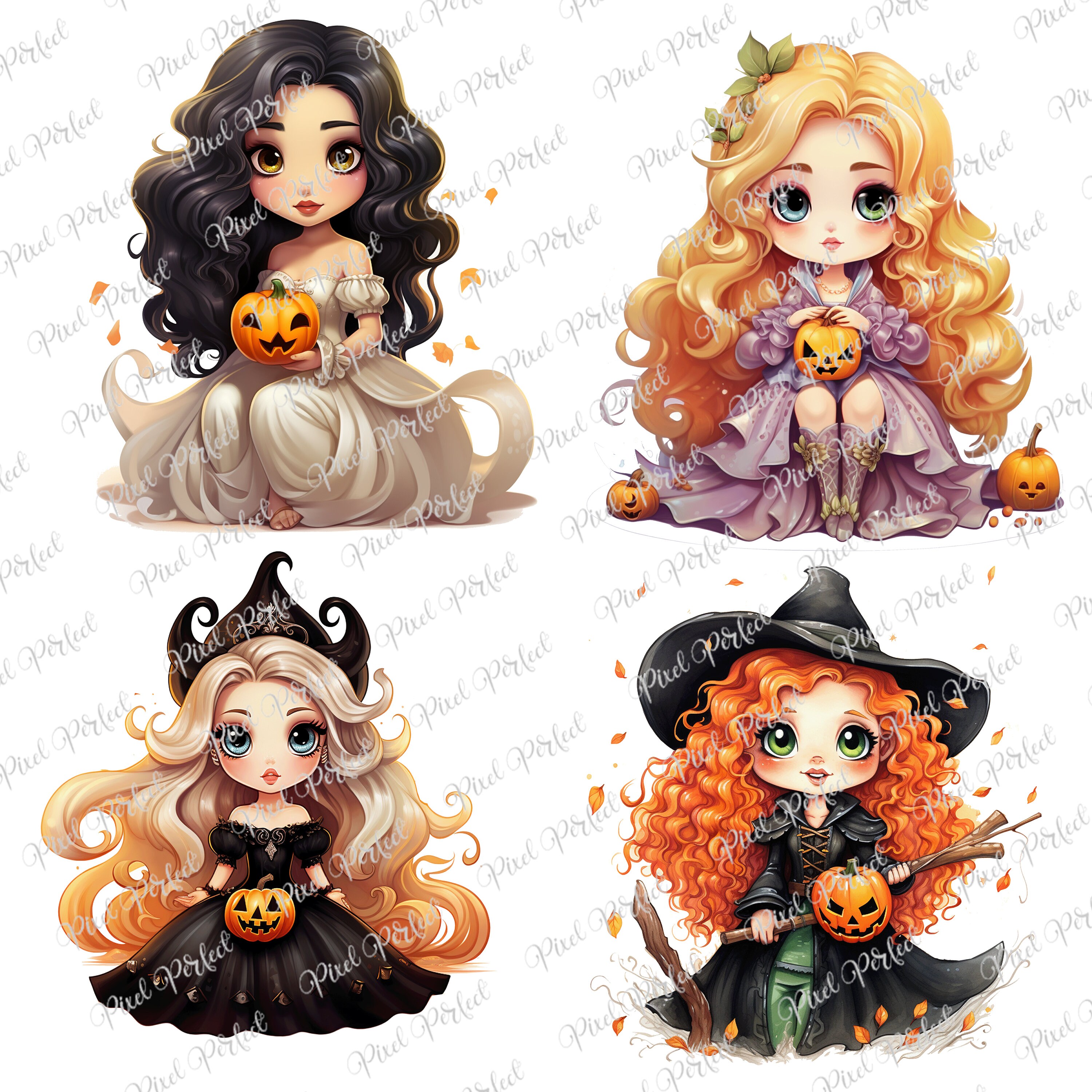 10 Cute Halloween Princesses Chibi Style PNG Download Clipart ...