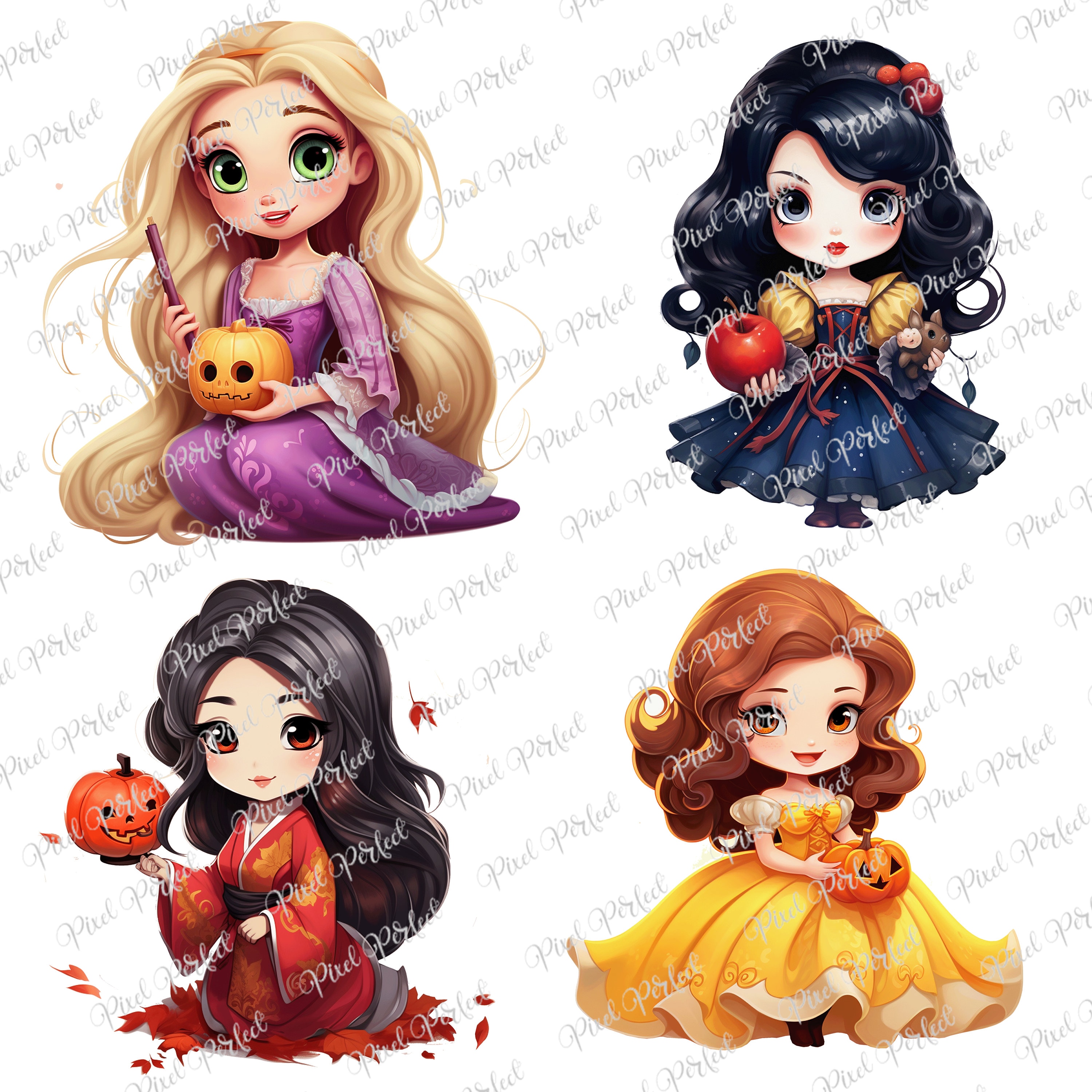 10 Cute Halloween Princesses Chibi Style PNG Download Clipart ...