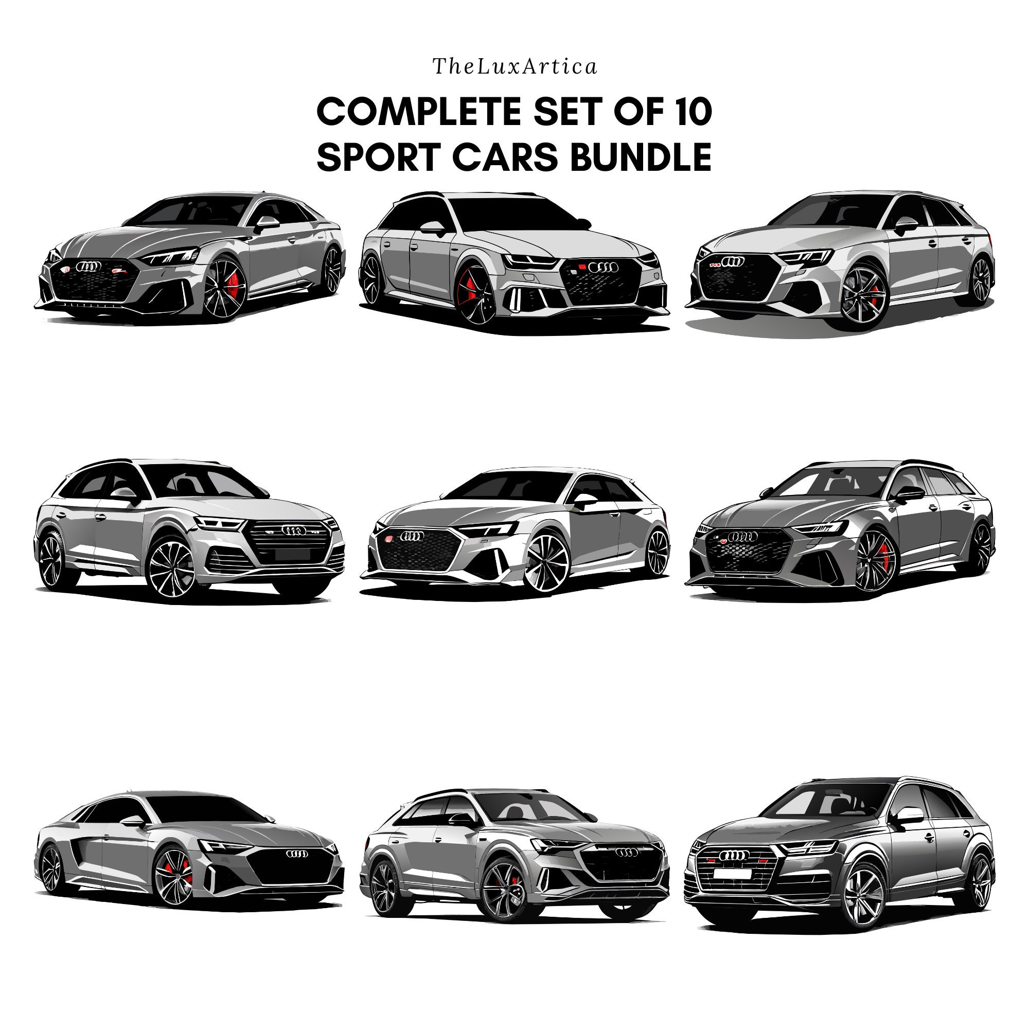 Victor Clipart SVG PNG JPG 10 Audi Sport Cars Bundle, Digital Car ...