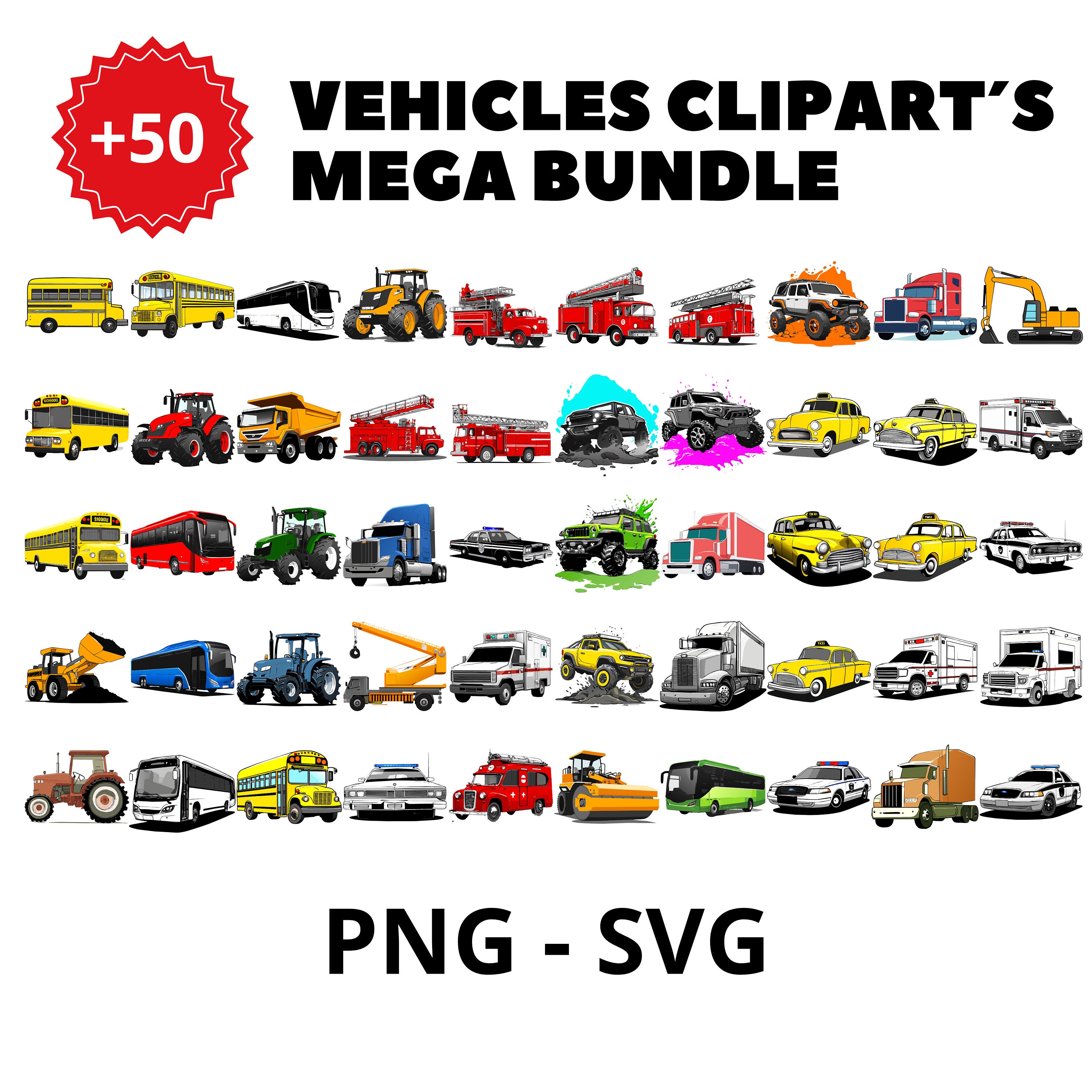 Vehicles Bundle Vector Cliparts SVG PNG 50 Digital Vehicles Graphic ...
