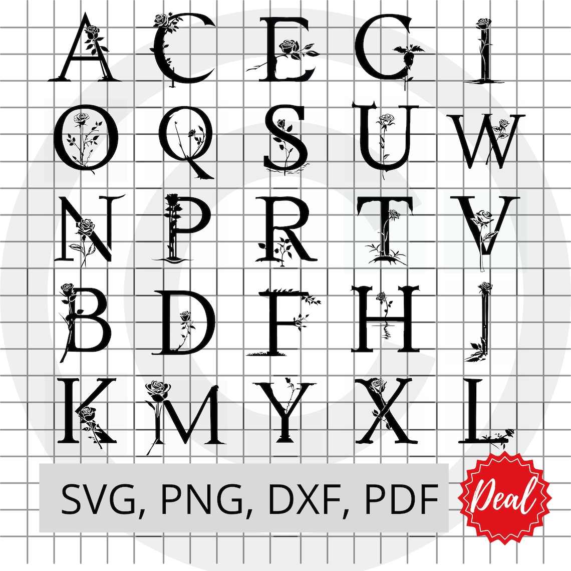 Rose Alphabet Vector Clipart Svg, Png, Dxf, Pdf Printable Letters and ...