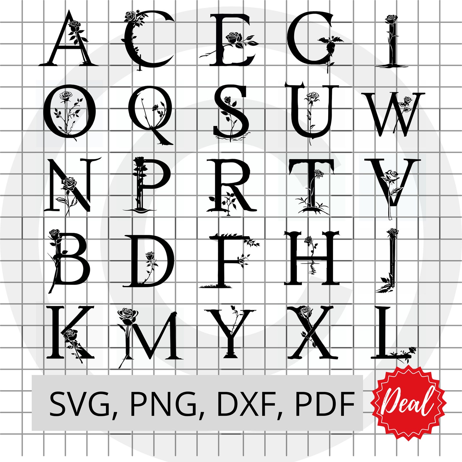 Rose Alphabet Vector Clipart Svg, Png, Dxf, Pdf Printable Letters and ...