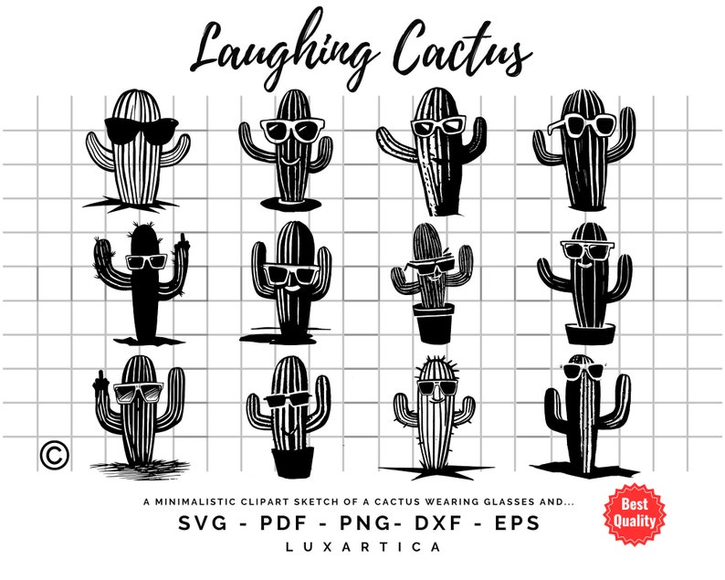 Minimalistic Clipart Sketch of a Cactus Wearing Glasses and Laughing ...