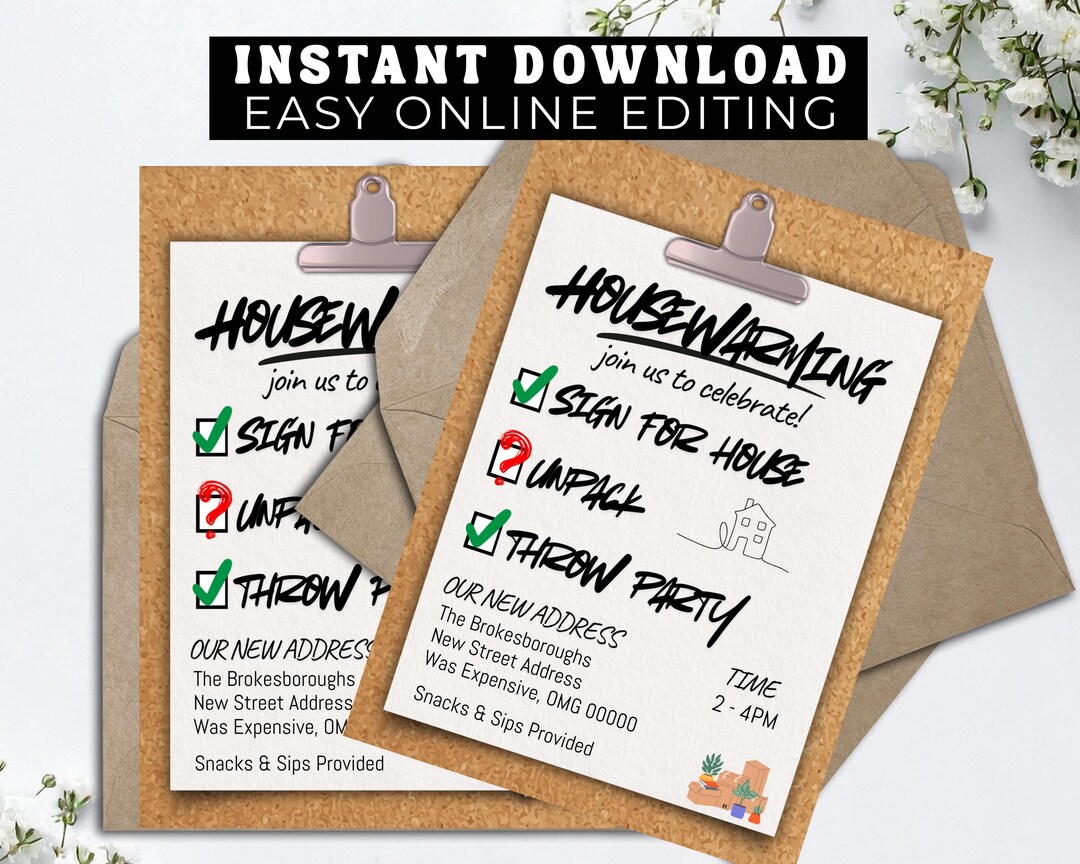 Clipboard Checklist Housewarming Invitation | Editable Invite Card ...
