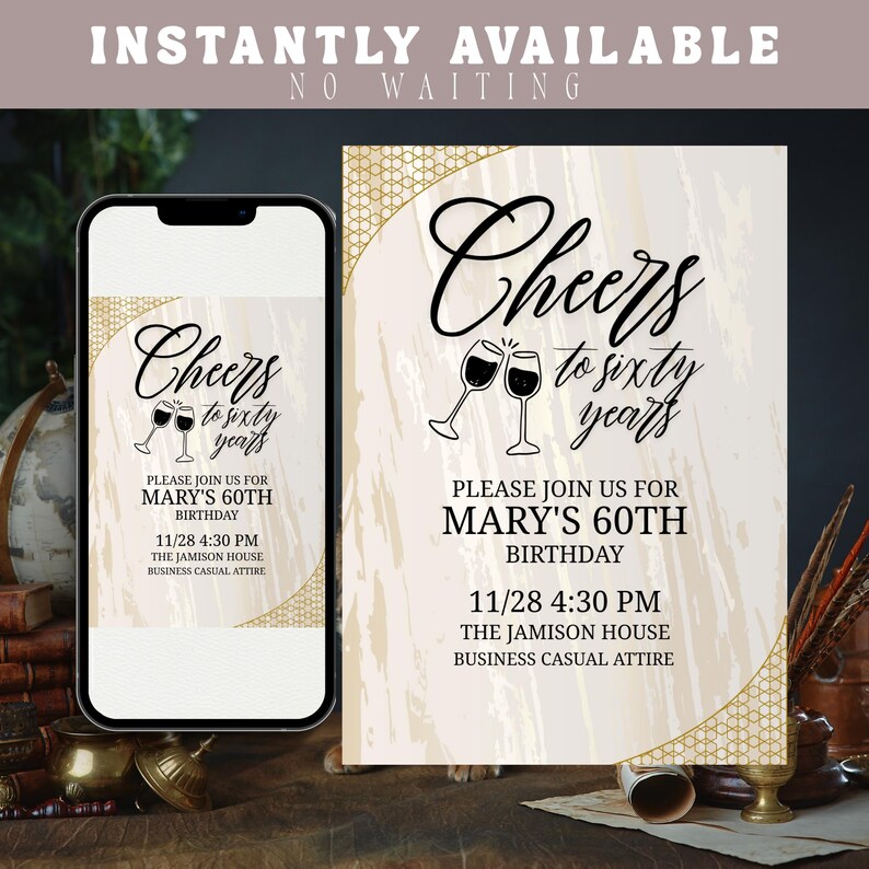 60th Birthday Invite Cheers to Sixty Years | Sweet Sixty Wine Glass ...