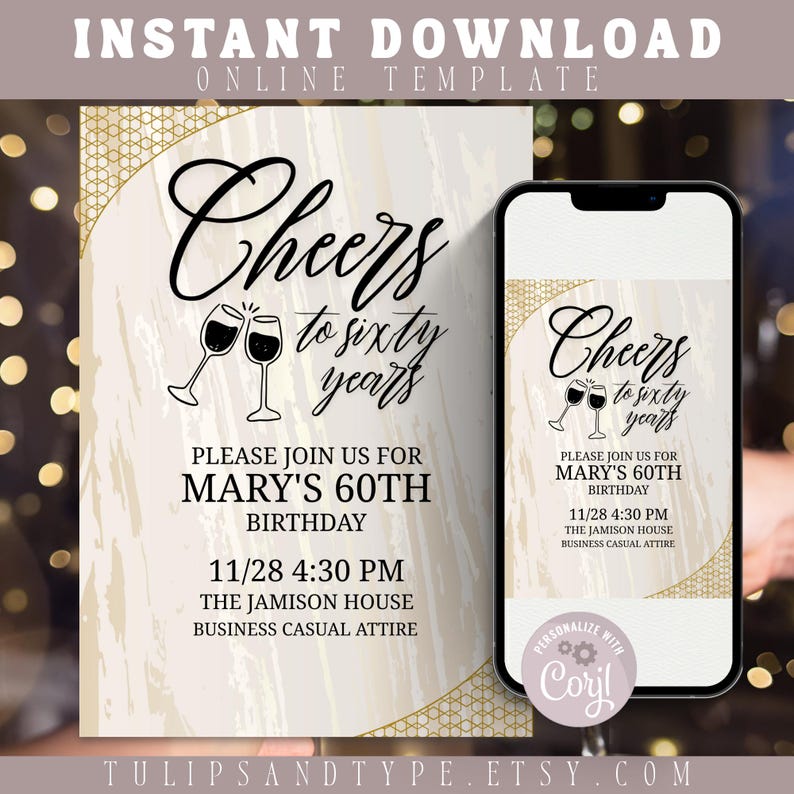60th Birthday Invite Cheers to Sixty Years | Sweet Sixty Wine Glass ...