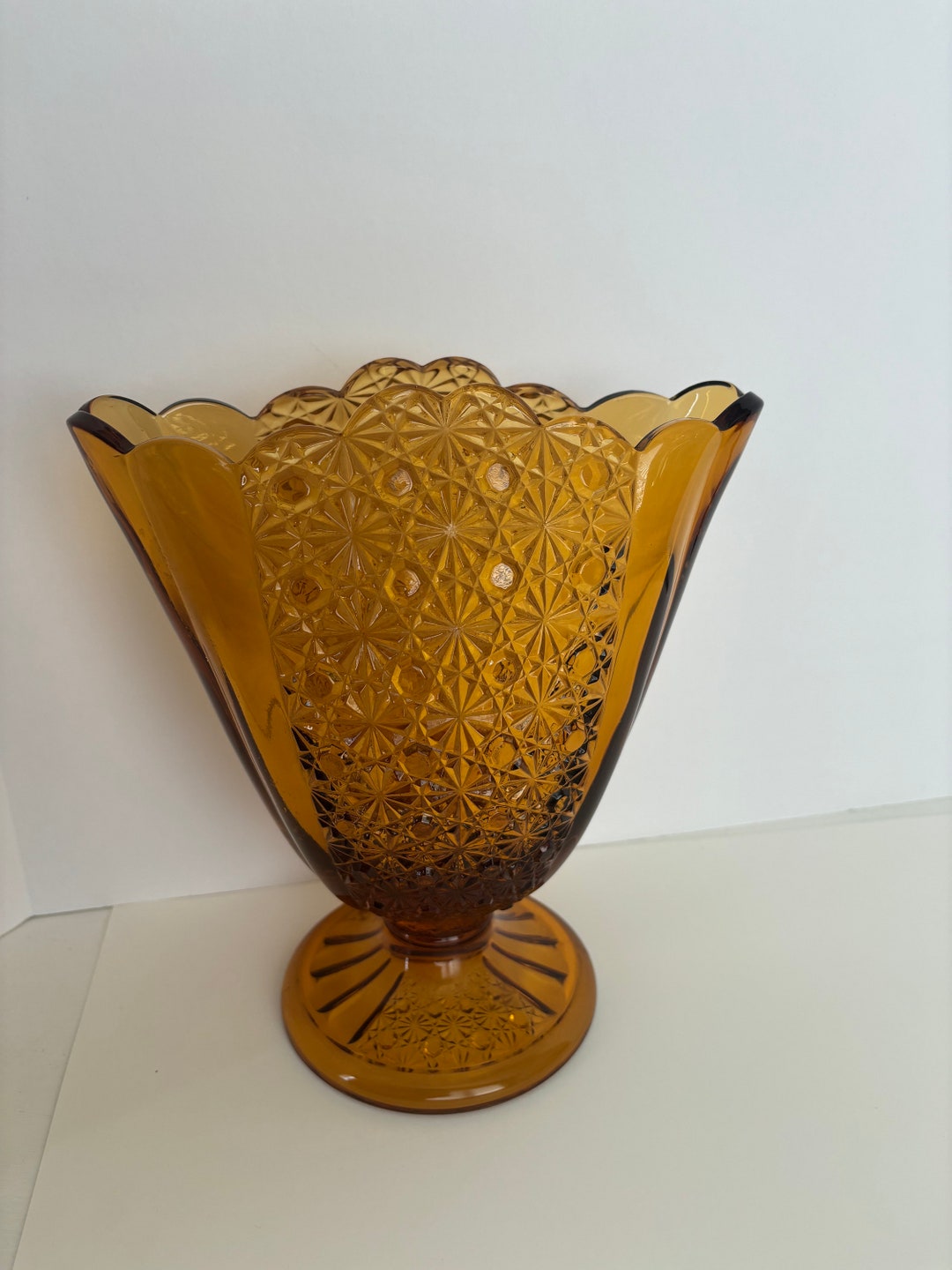 Vintage Fenton Amber Daisy and Button Fan Vase - Etsy