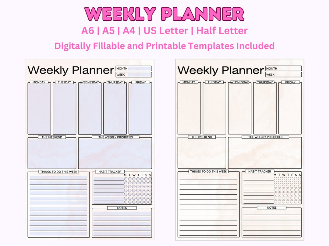 Weekly Planner Digital Fillable Printable Tasks - Etsy