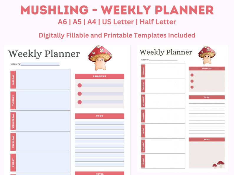 Mushlings Weekly Planner Template Digital Fillable - Etsy
