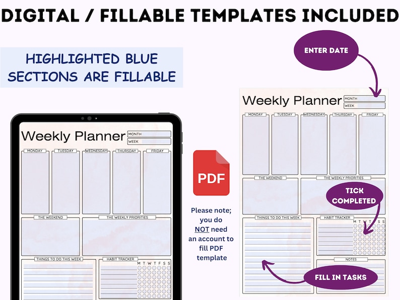 Weekly Planner | Digital | Fillable | Printable | Tasks Tracker | Habit ...