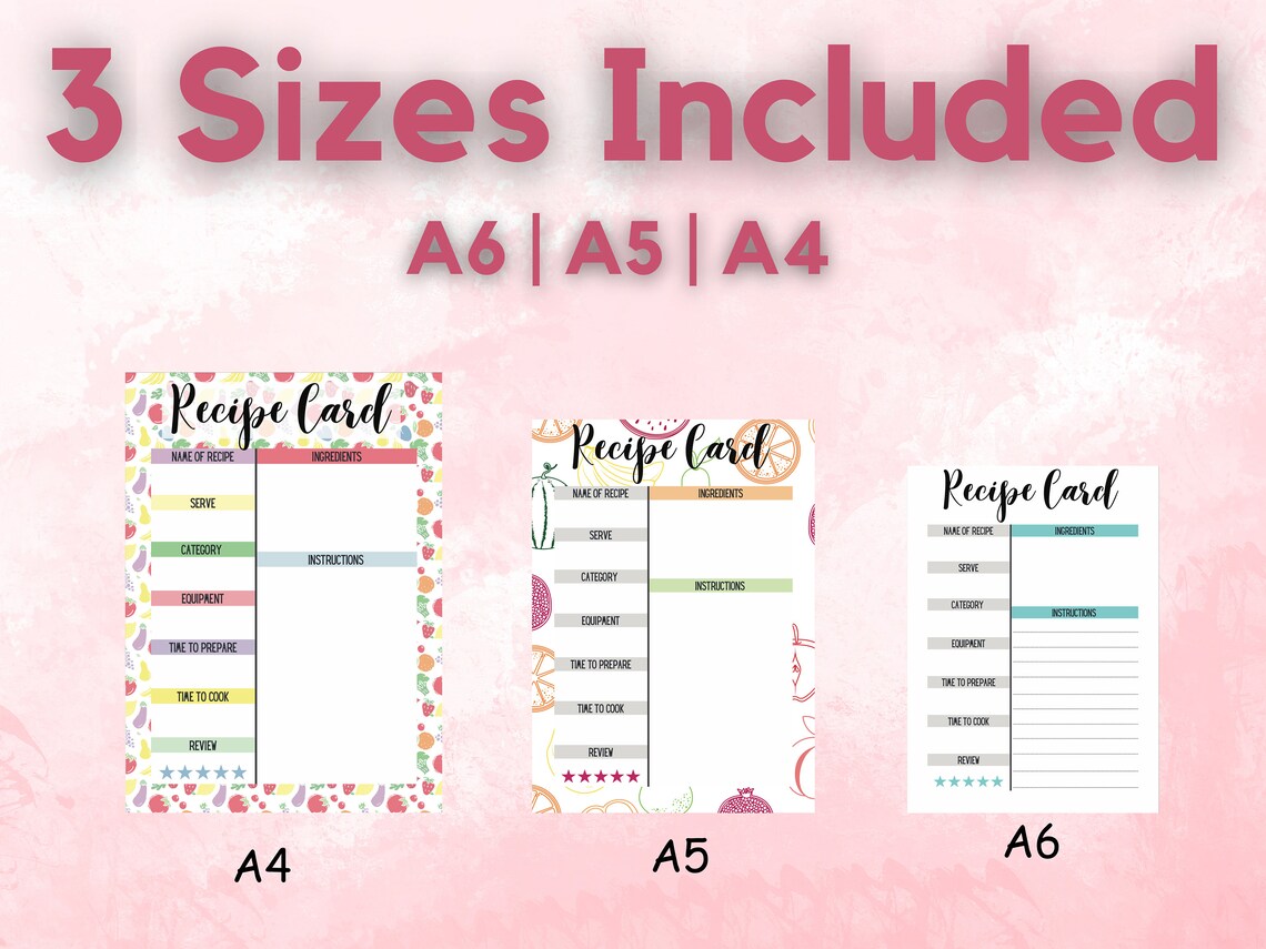 Recipe Card Bundle | 3 Design Options | 3 Size Templates A6 - A5 - A4 ...