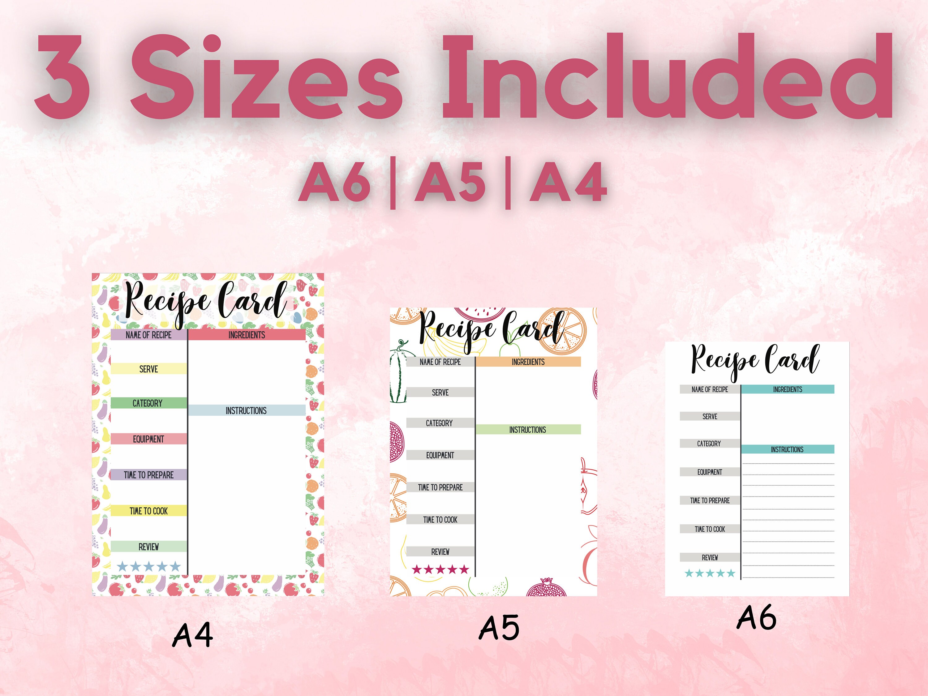 Recipe Card Bundle | 3 Design Options | 3 Size Templates A6 - A5 - A4 ...