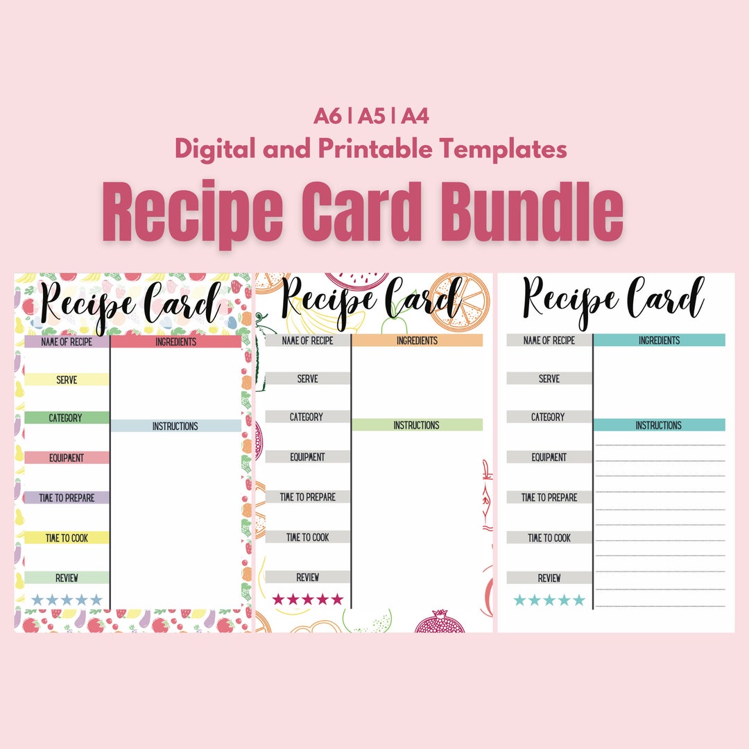Recipe Card Bundle | 3 Design Options | 3 Size Templates A6 - A5 - A4 ...