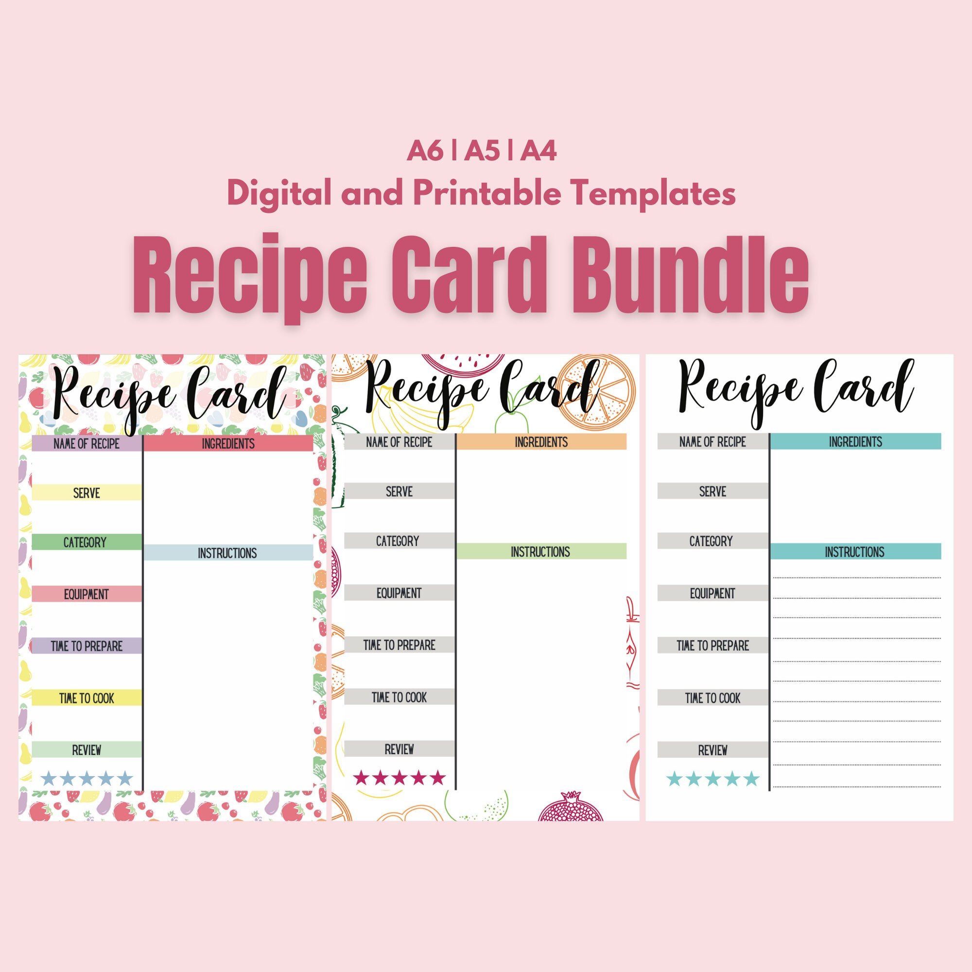 Recipe Card Bundle | 3 Design Options | 3 Size Templates A6 - A5 - A4 ...