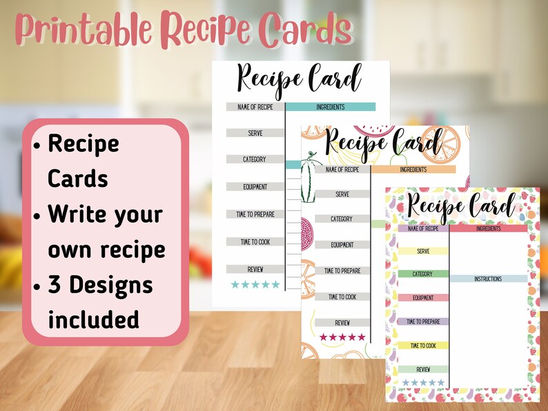 Recipe Card Bundle | 3 Design Options | 3 Size Templates A6 - A5 - A4 ...