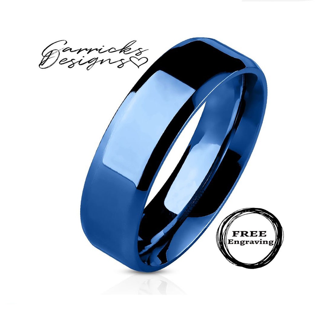 Custom Engraved Men's Blue Wedding Ring or Promise Ring 8mm Step Edge ...