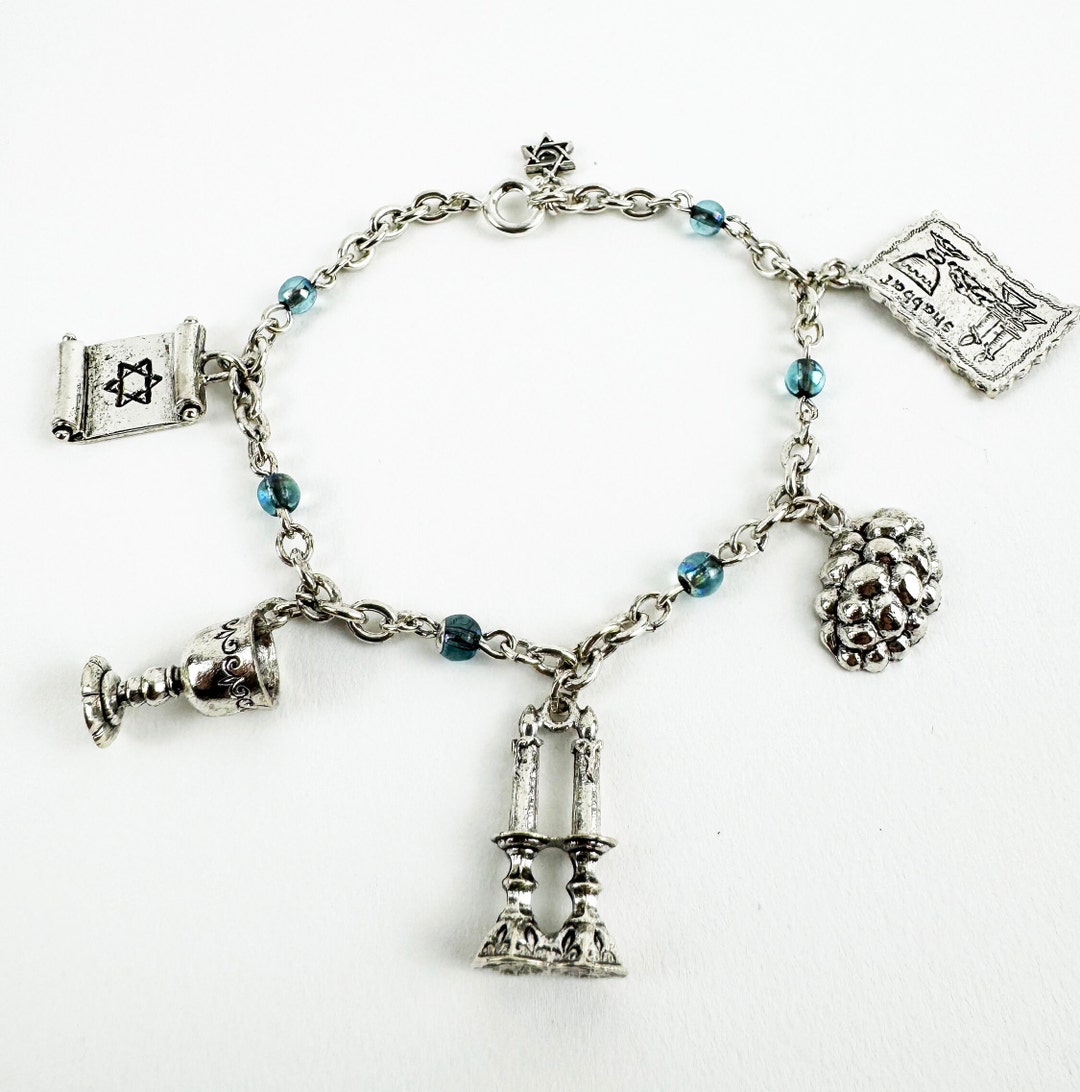 Shabbat Silver 5 Charm Jewish Bracelet - Kiddush, Candles, Challah ...