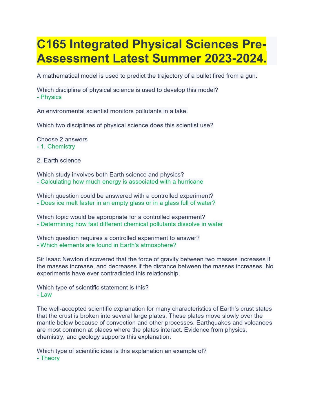 C165 Integrated Physical Sciences Preassessment Latest Summer 2023-2024 ...