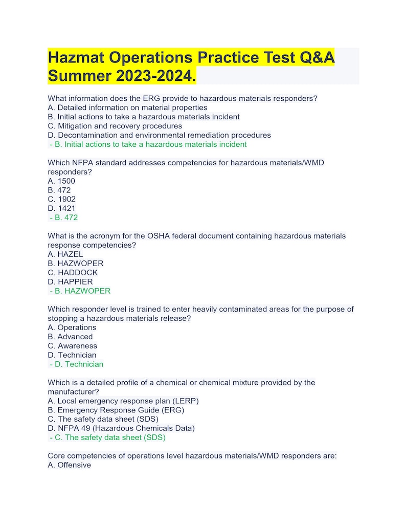 Hazmat Operations Practice Test Q&A Summer 2023-2024 - Etsy