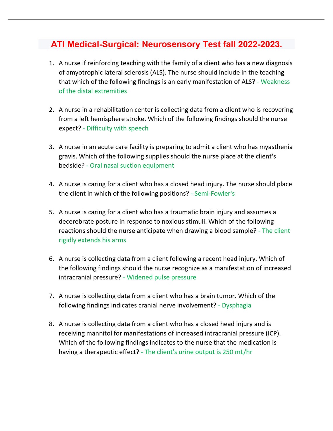 ATI Medical-surgical: Neurosensory Test Fall 2022-2023 Updated A+ Guide ...