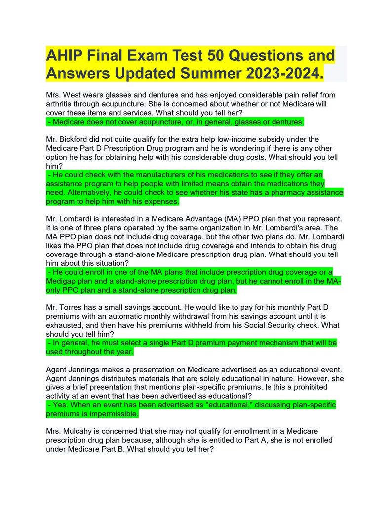 AHIP Final Exam Test 50 Questions and Answers Updated Summer 2023-2024 ...