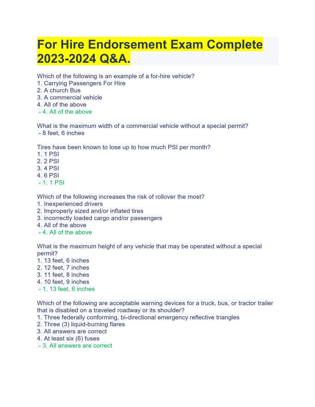 For Hire Endorsement Exam Complete 2023-2024 Q&A. - Etsy
