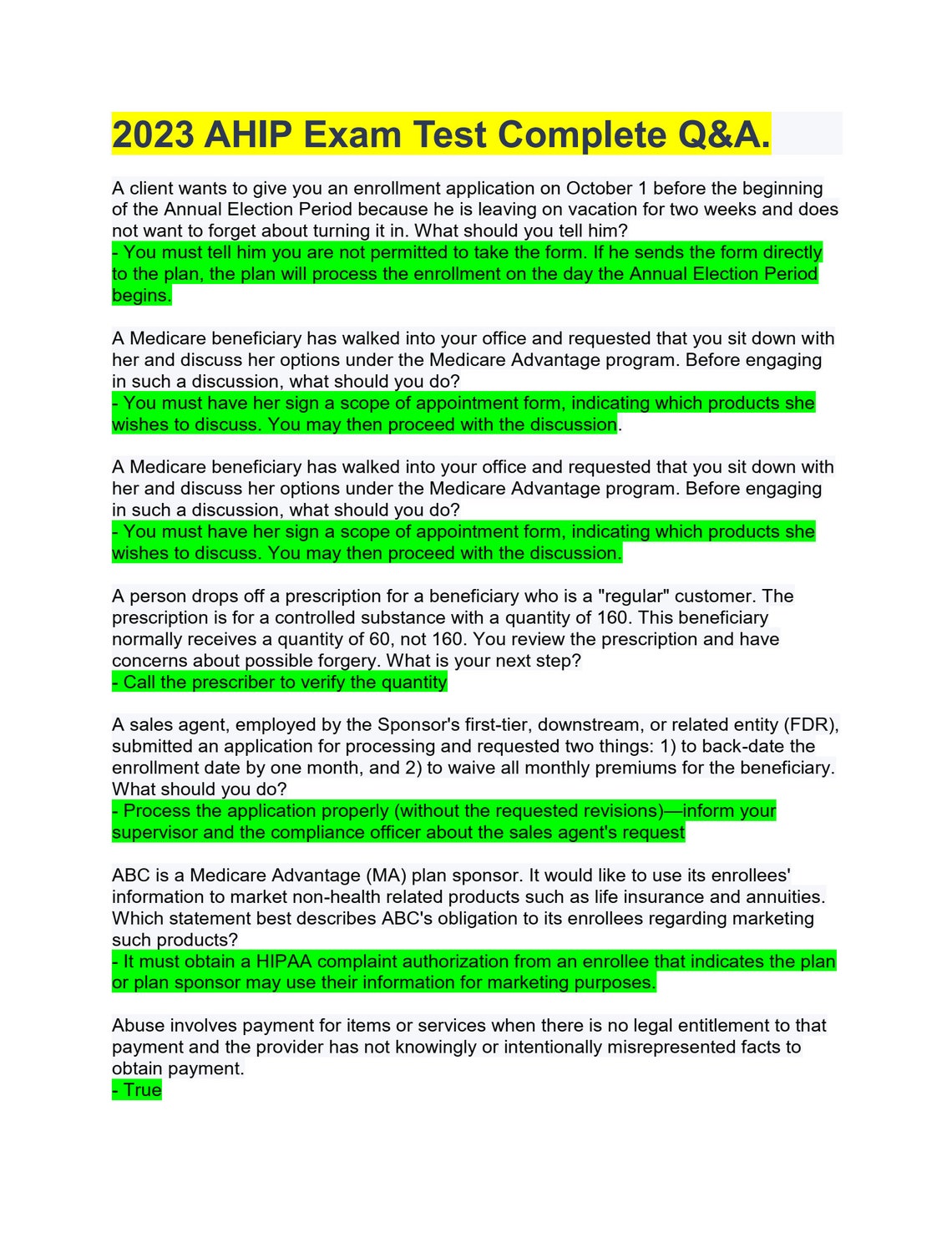 2023 AHIP Exam Test Complete Q&A - Etsy