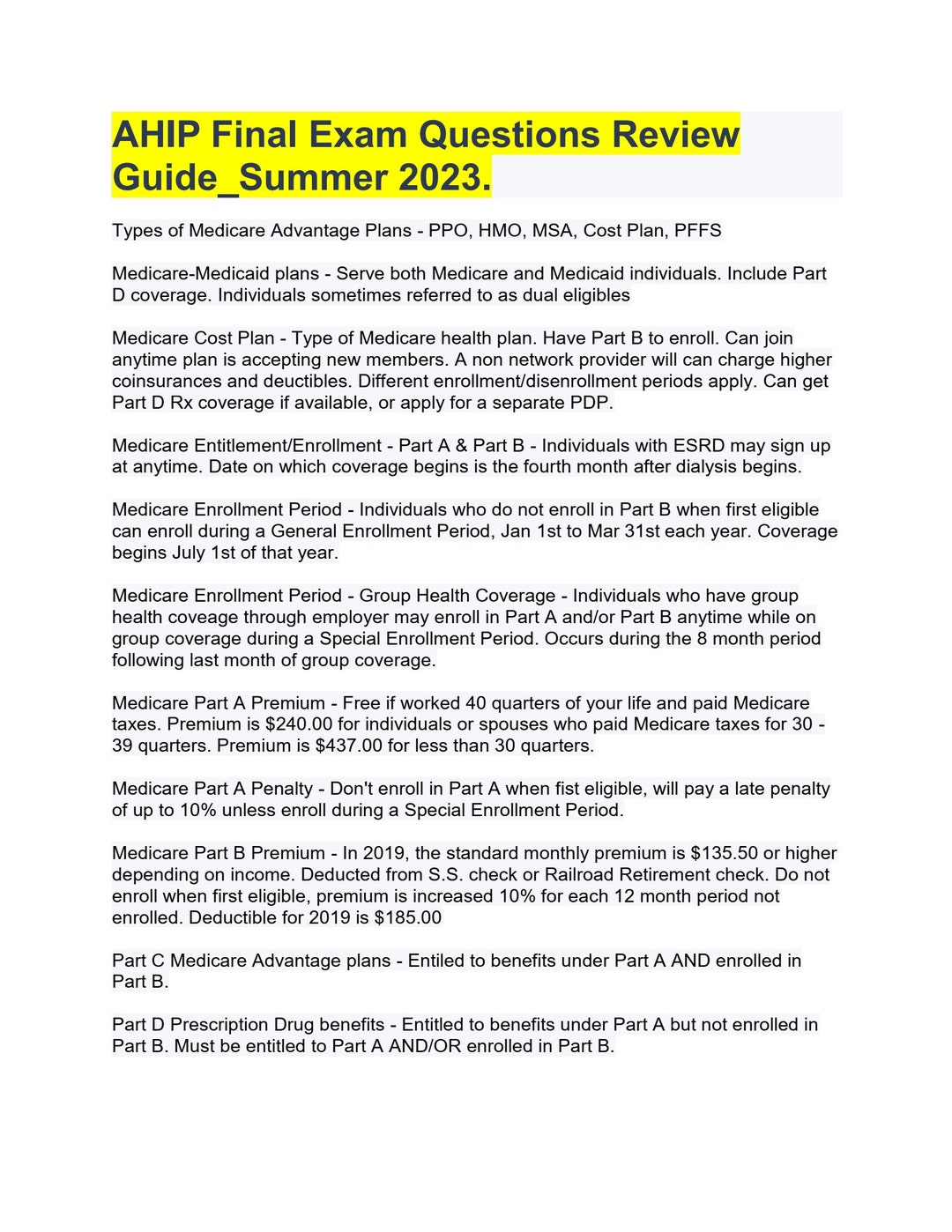 AHIP Final Exam Questions Review Guide_summer 2023. - Etsy