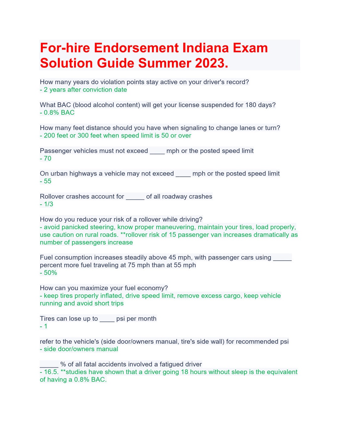 For-hire Endorsement Indiana Exam Solution Guide Summer 2023. - Etsy