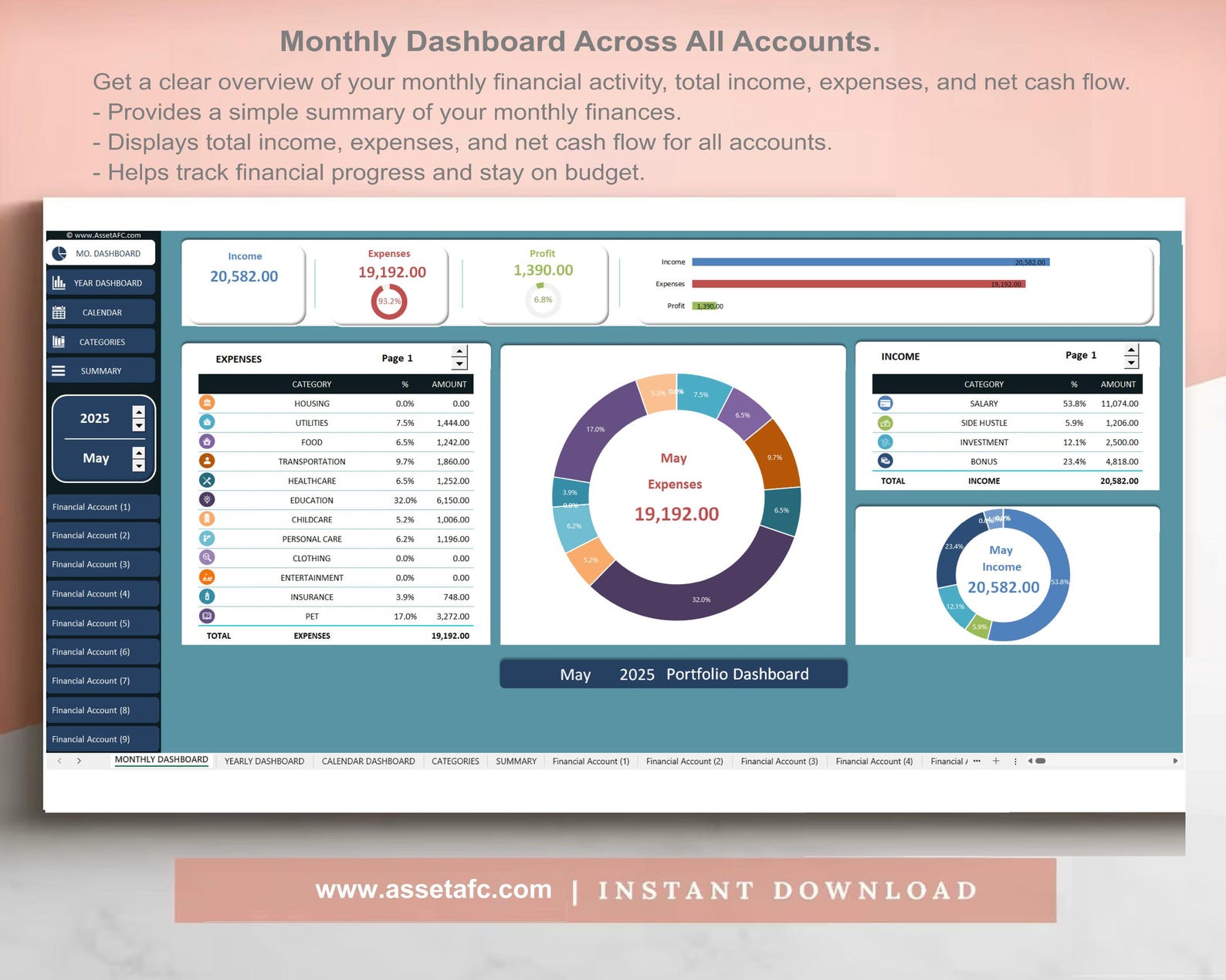 Income & Expense Tracker: Multiple Accounts Excel Spreadsheet - Etsy