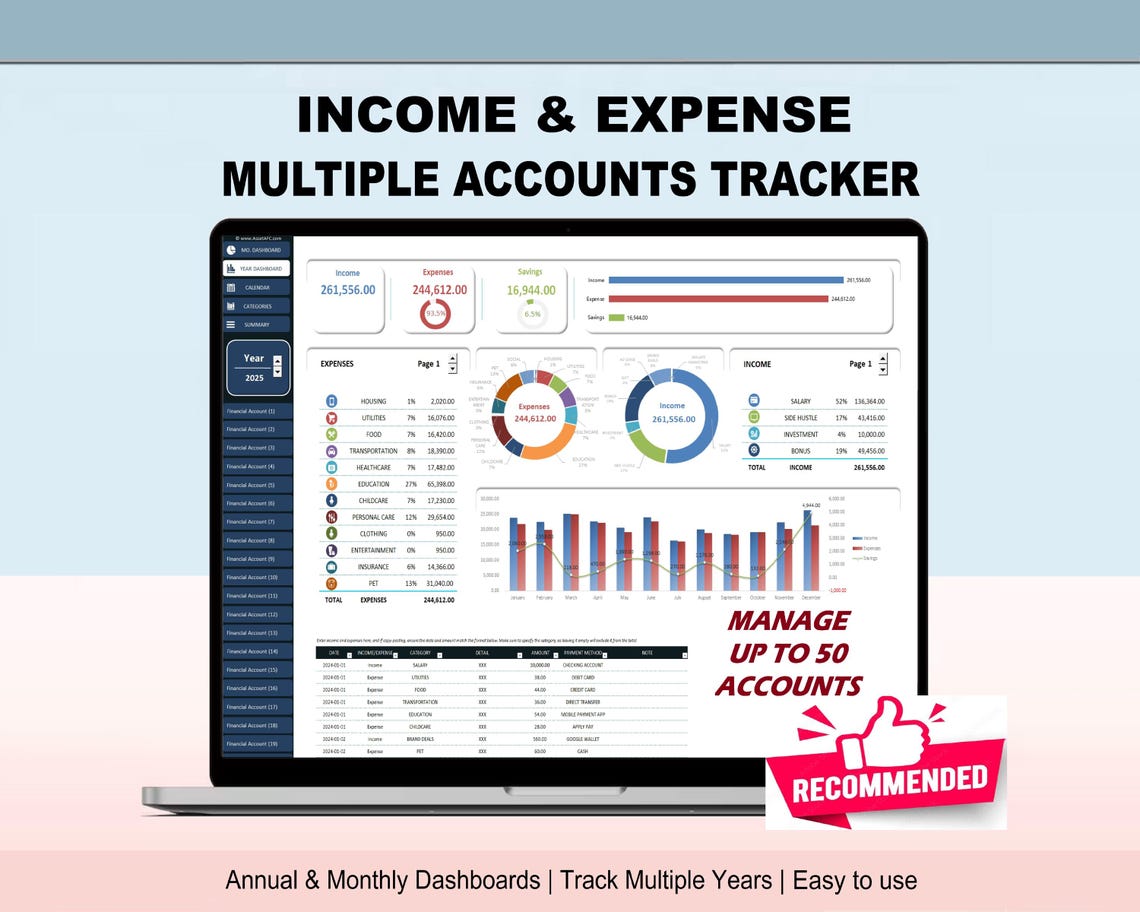 Income & Expense Tracker: Multiple Accounts Excel Spreadsheet - Etsy
