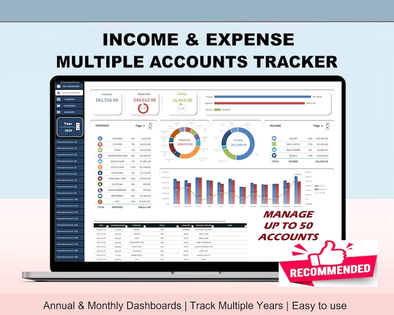 Income and Expense Multiple Accounts Tracker Excel Spreadsheet. Monthly ...
