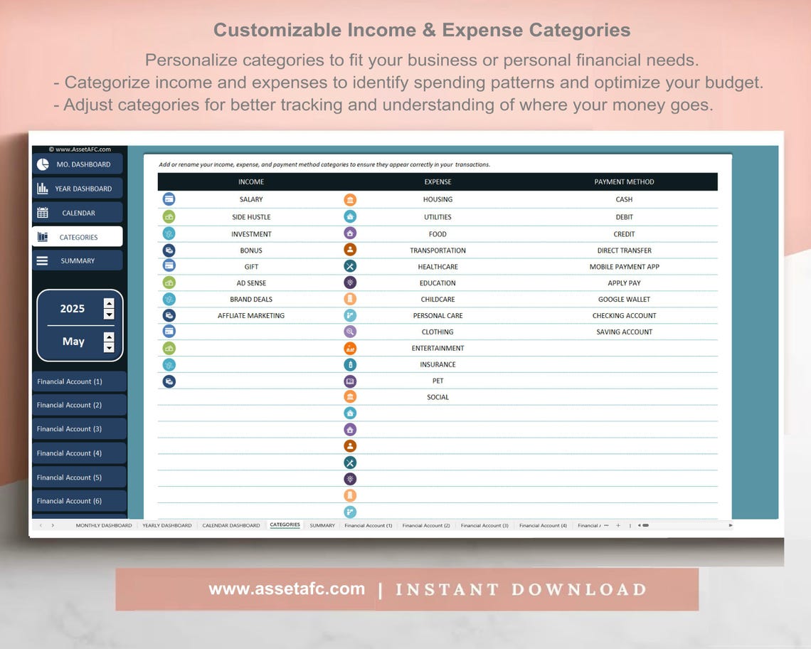 Income & Expense Tracker: Multiple Accounts Excel Spreadsheet - Etsy