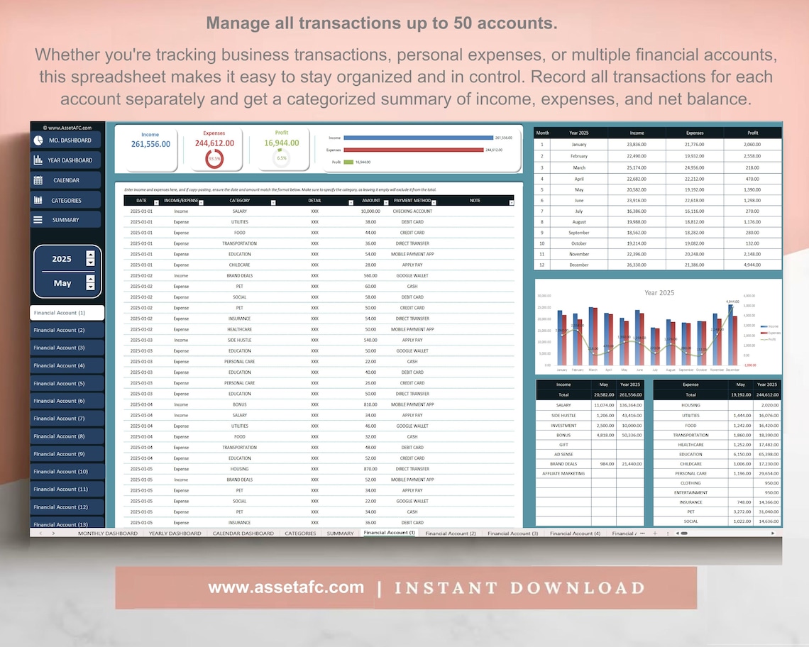Income & Expense Tracker: Multiple Accounts Excel Spreadsheet - Etsy