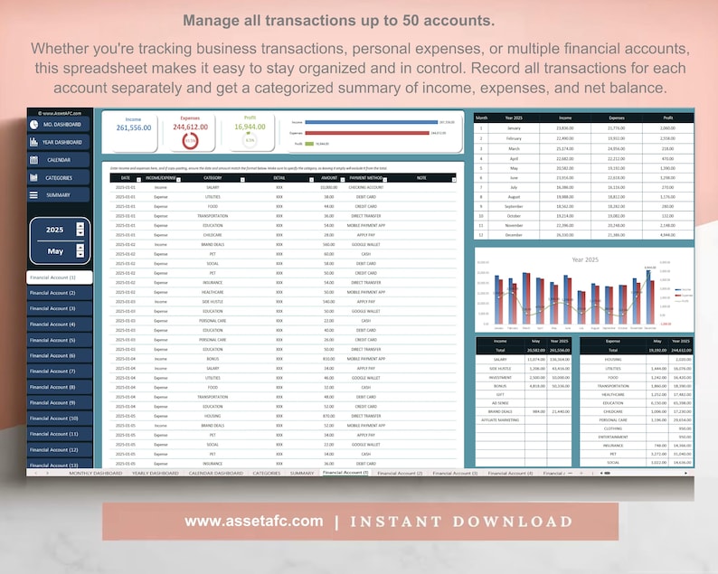 Income & Expense Tracker: Multiple Accounts Excel Spreadsheet - Etsy