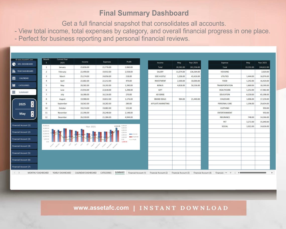 Income & Expense Tracker: Multiple Accounts Excel Spreadsheet - Etsy