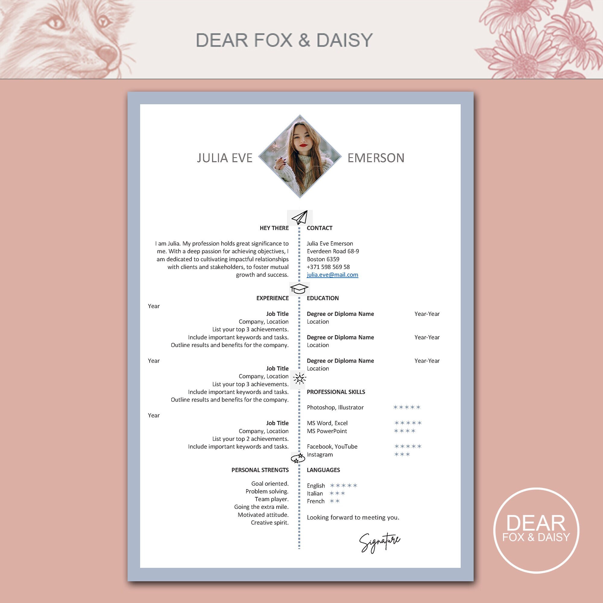 Clear & Modern Resume Template Word CV Design Professional - Etsy