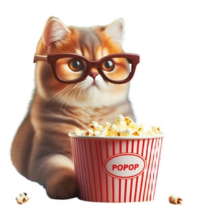 10 Cute Cat With Sunglasses & Popcorn Box Clipart - Watercolor Digital ...
