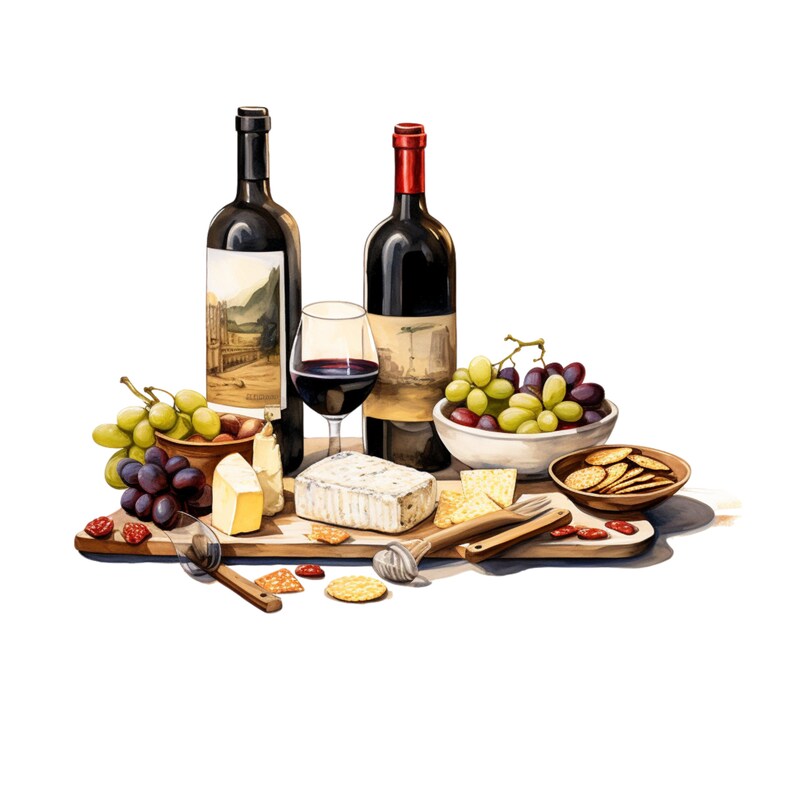 Watercolor Wine and Cheese Clipart Set, 8 High-res Pngs, Perfect for ...