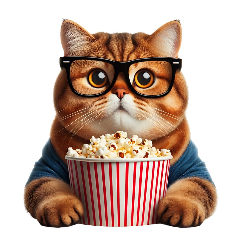 10 Cute Cat With Sunglasses & Popcorn Box Clipart Watercolor Digital ...