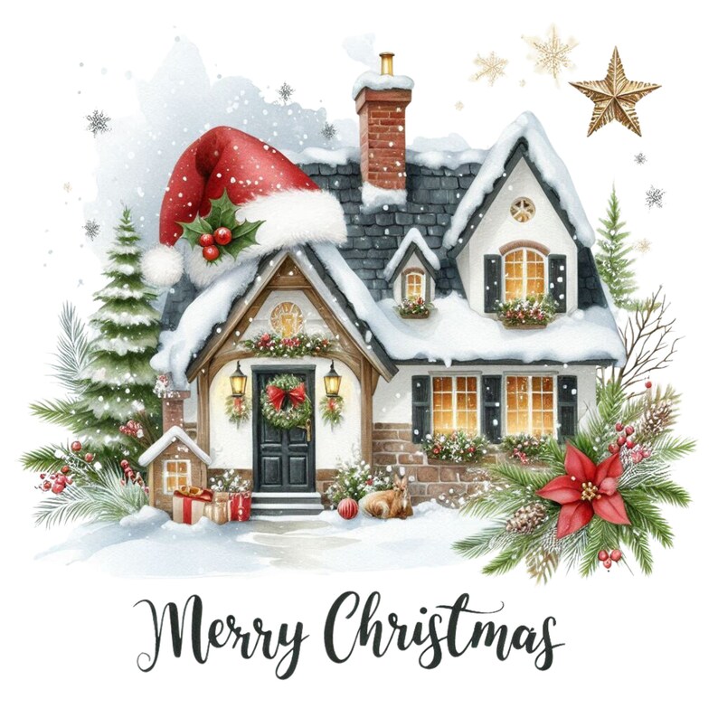 Watercolor Christmas House Clipart: Holiday PNG Bundle (digital ...